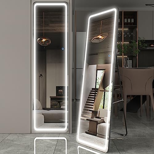 LVZORY Full Length Mirror with LED Lights, Full Body Mirror, Lighted Floor Standing LED Mirror Full Length, Wall Mounted Hanging Mirror w/Dimming & 3 Color Lighting for Bedroom (63"x16", Black)
