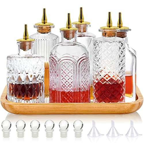 Bitters Bottle Set of 6 - Glass Vintage Bottles with Tray Decorative Bottles with Dash Top and Bottle Stopper Dasher Bottles for Making Cocktail Great For Bartender Home Bar