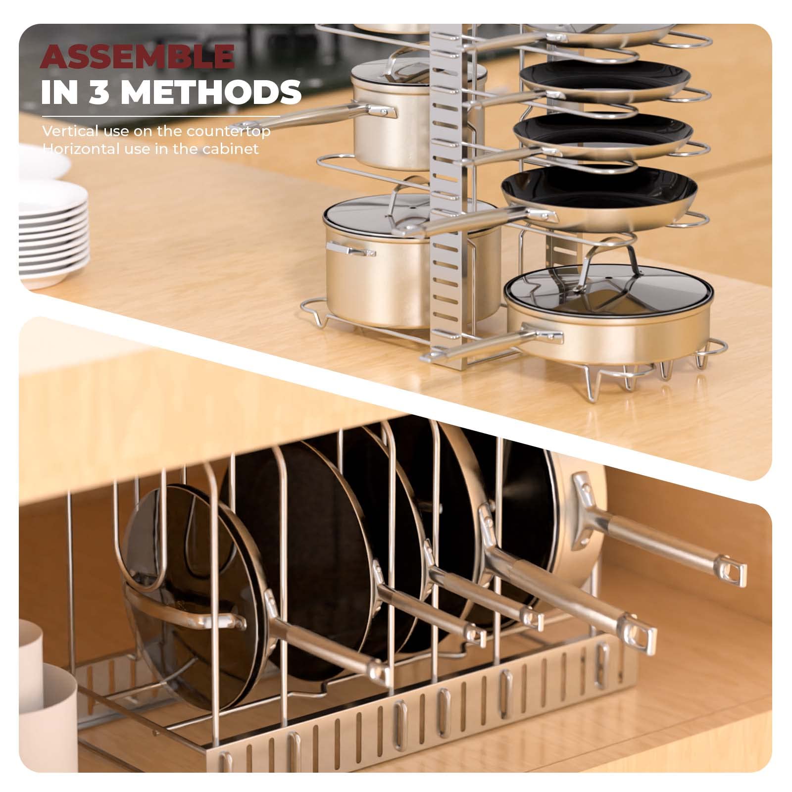 Vdomus Pot Rack Organizer with 3 DIY Methods, Black Metal Kitchen 8+ Pots Holder, Height and Position are Adjustable Cabinet Pantry Pot Lid Holder (Upgraded)