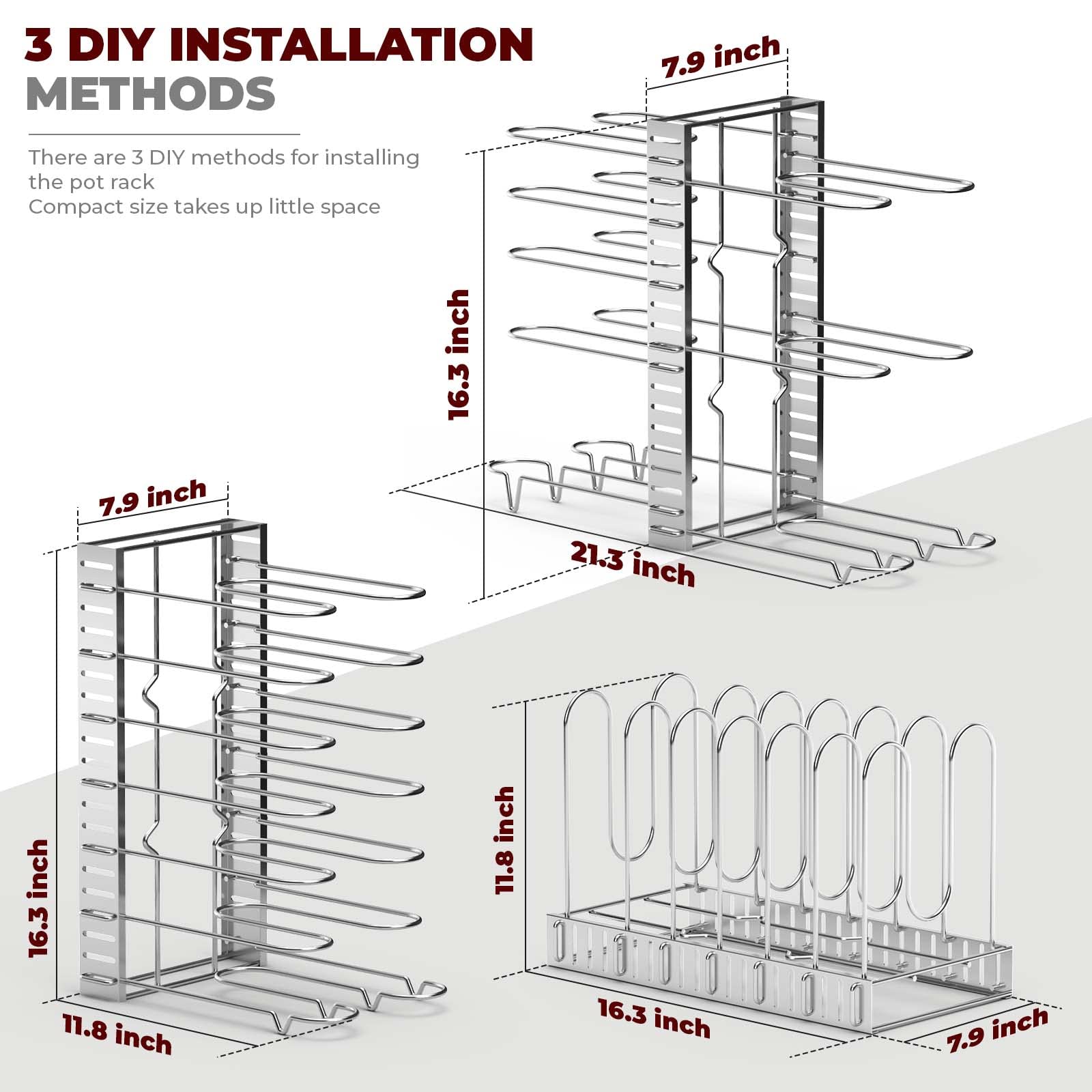Vdomus Pot Rack Organizer with 3 DIY Methods, Black Metal Kitchen 8+ Pots Holder, Height and Position are Adjustable Cabinet Pantry Pot Lid Holder (Upgraded)