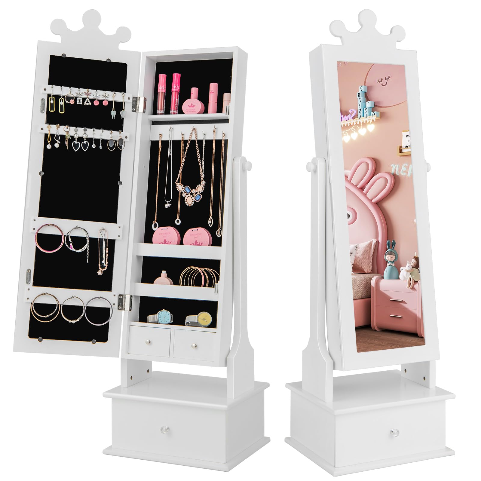 HONEY JOY Kids Jewelry Armoire Cabinet, 2-Angle Tilting Wooden Standing Jewelry Organizer with Full-length Mirror and Storage Drawers, Children Dress Up Jewelry Cabinet for Little Girls (White)