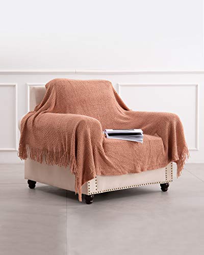 SPAOMY Knitted Throw Blanket with Tassels 3D Bubble Textured Lightweight Decorative Throws Blanket for Couch Cover Home Decor (Caramel, 50x60)
