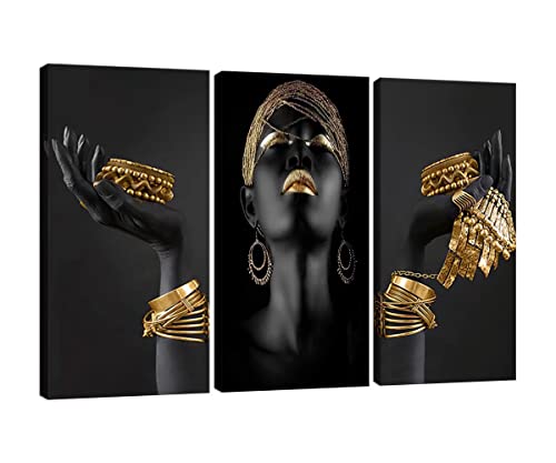 African Picture Wall Decor, Black Gold Wall Art Canvas Prints African Woman Paintings for Living Room Bedroom Bathroom Home Decor Framed (12''W x 24''H x3)