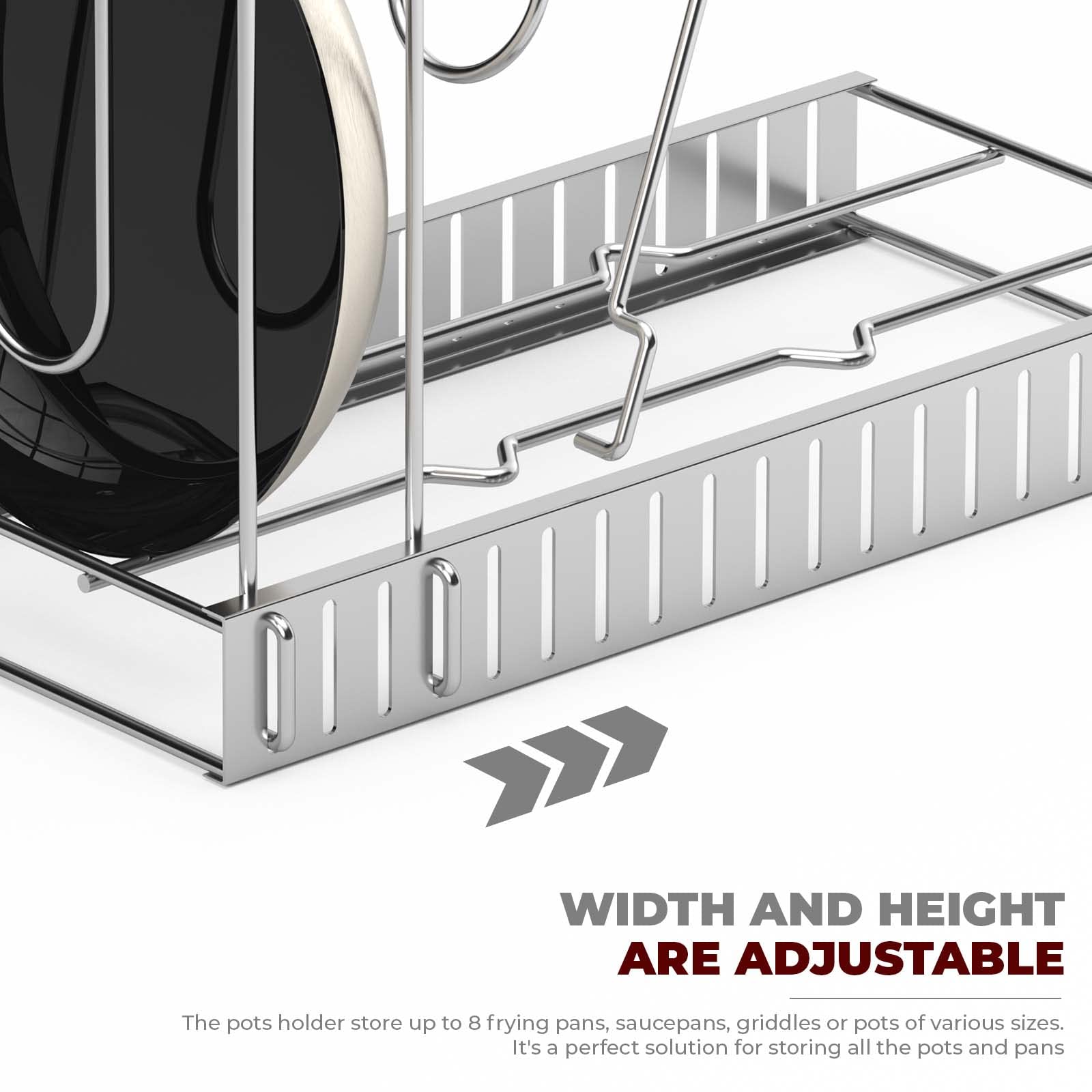 Vdomus Pot Rack Organizer with 3 DIY Methods, Black Metal Kitchen 8+ Pots Holder, Height and Position are Adjustable Cabinet Pantry Pot Lid Holder (Upgraded)