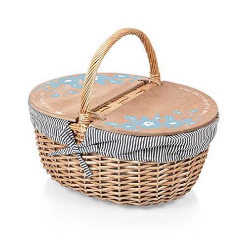 PICNIC TIME - Disney Cinderella Country Vintage Picnic Basket with Lid - Wicker Picnic Basket for 2, (Navy Blue & White Stripe)