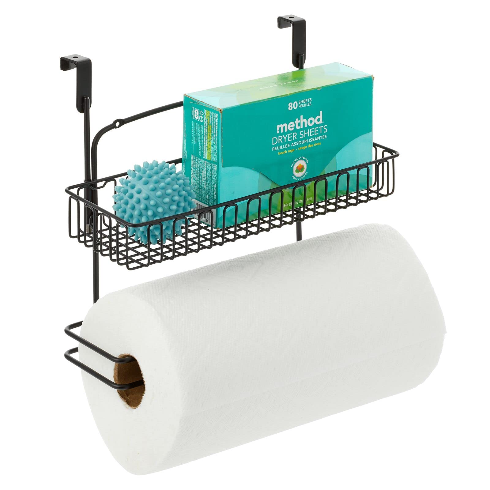 mDesign Over Cabinet Paper Towel Holder with Multi-Purpose Basket Shelf - Hanging Storage Organizer for Kitchen, Pantry, Laundry, Garage - Holds Dish Soap, Cleaners, Sponges - Metal Wire - Black