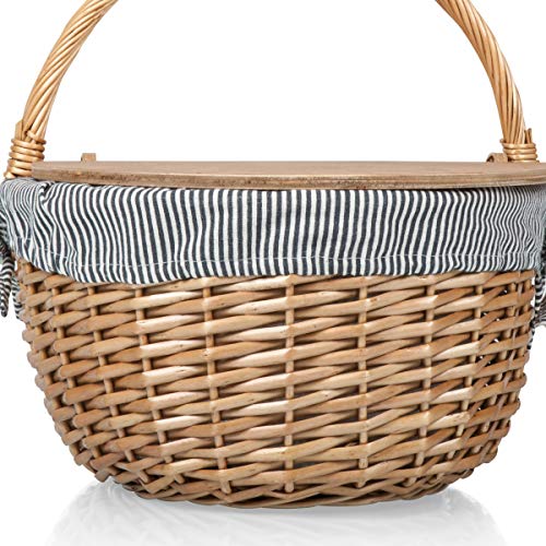 PICNIC TIME - Disney Cinderella Country Vintage Picnic Basket with Lid - Wicker Picnic Basket for 2, (Navy Blue & White Stripe)