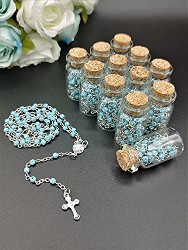 Baptism Favor (12PCS) Holy Communion Rosary in Glass Bottle Jar Recuerdos De Bautizo Quinceanera Christening Recuerdos para Primera Comunion Niña Quinceanera Gift for Guests Blue