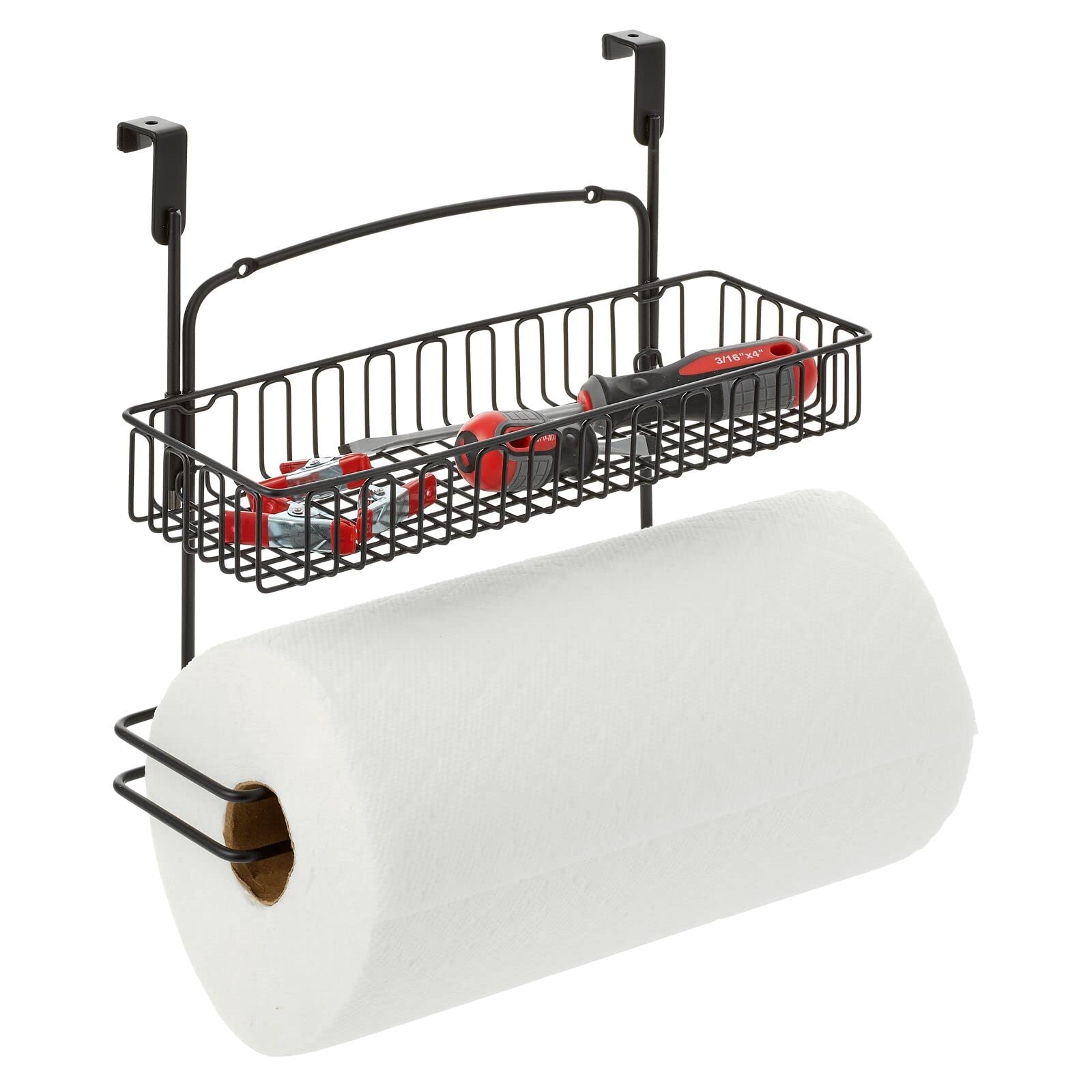 mDesign Over Cabinet Paper Towel Holder with Multi-Purpose Basket Shelf - Hanging Storage Organizer for Kitchen, Pantry, Laundry, Garage - Holds Dish Soap, Cleaners, Sponges - Metal Wire - Black