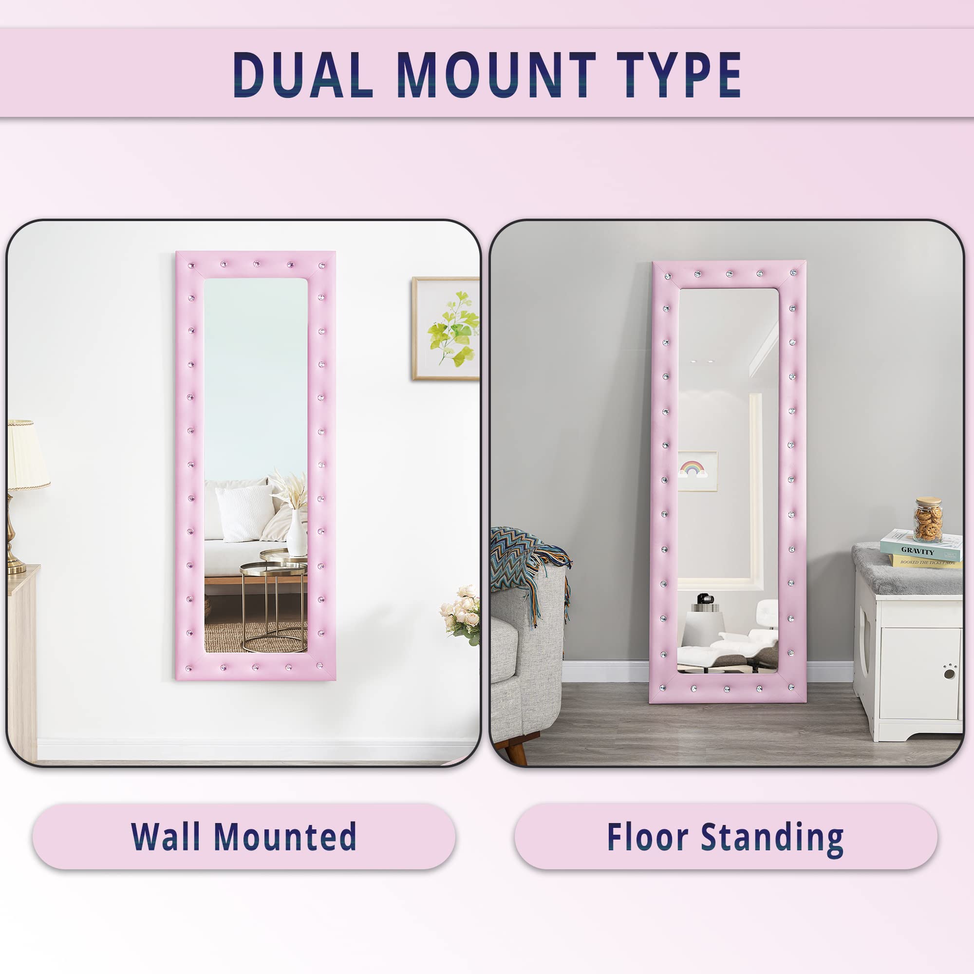 Full Length Mirror with Stand – Burst-Proof, Crystal Tufted Design for Bedroom, Girls Room, and More – Large, Wall Mounted, Floor Length Mirror with Shatterproof Glass and Versatile Mounting - Pink