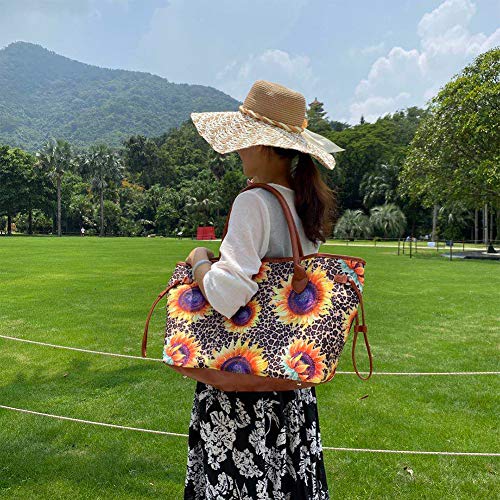 Oversized Tote Handbag Sunflower Purse with Inner Pockets Cheetah Printing Canvas Beach Bag for Women (X-large, leopard sunflower)