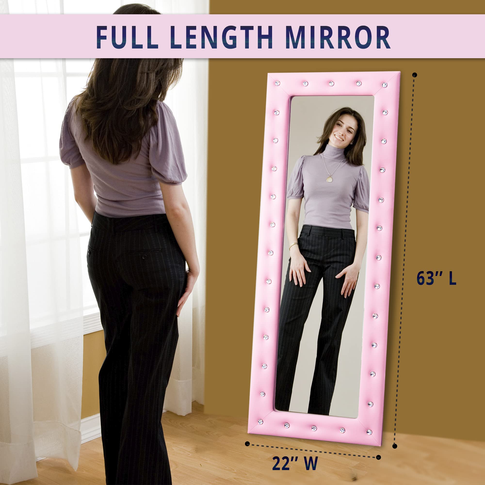 Full Length Mirror with Stand – Burst-Proof, Crystal Tufted Design for Bedroom, Girls Room, and More – Large, Wall Mounted, Floor Length Mirror with Shatterproof Glass and Versatile Mounting - Pink