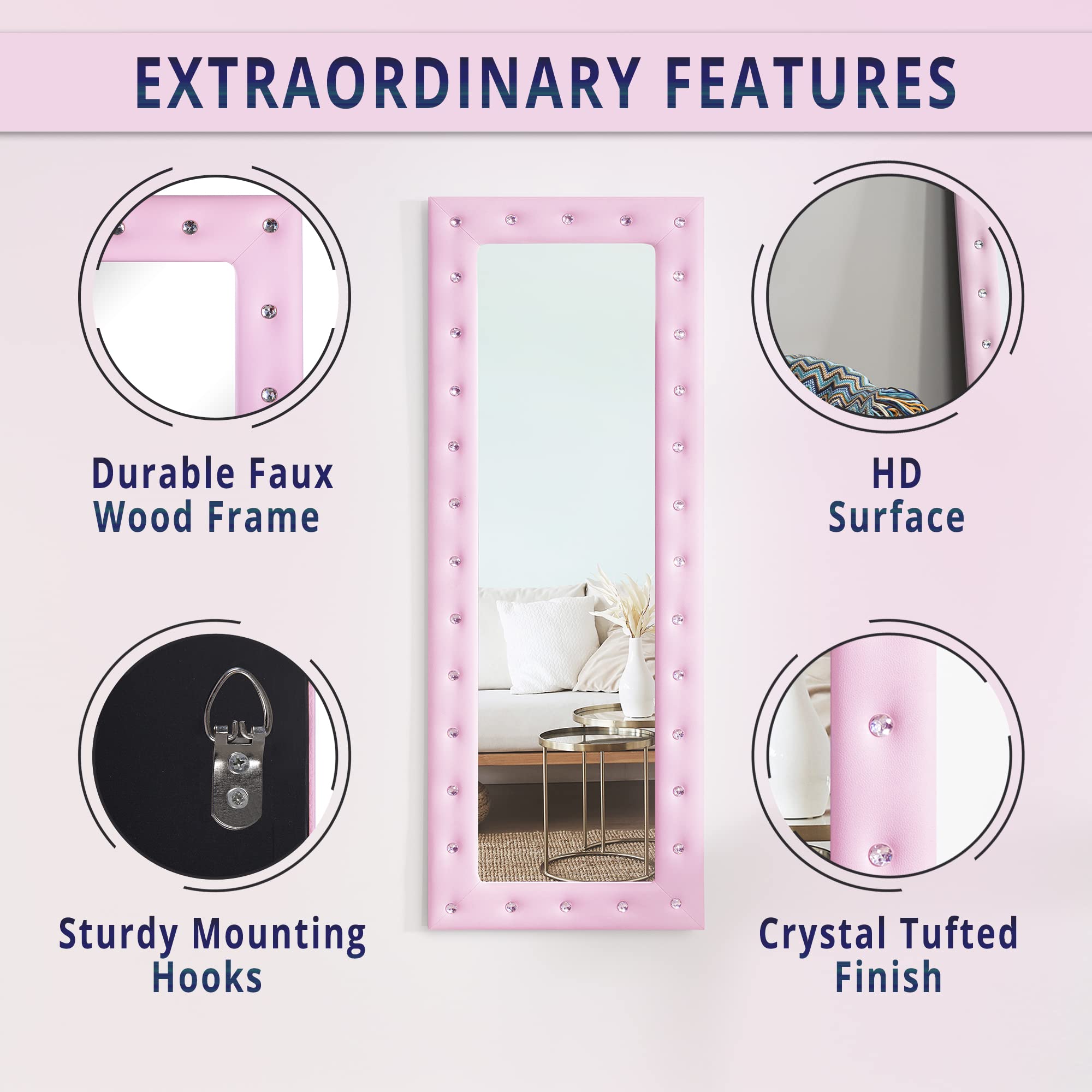 Full Length Mirror with Stand – Burst-Proof, Crystal Tufted Design for Bedroom, Girls Room, and More – Large, Wall Mounted, Floor Length Mirror with Shatterproof Glass and Versatile Mounting - Pink