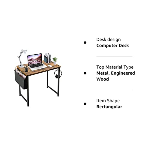 Lufeiya Small Computer Desk Study Table for Small Spaces Home Office 31 Inch Rustic Student Laptop PC Writing Desks with Storage Bag Headphone Hook,Brown