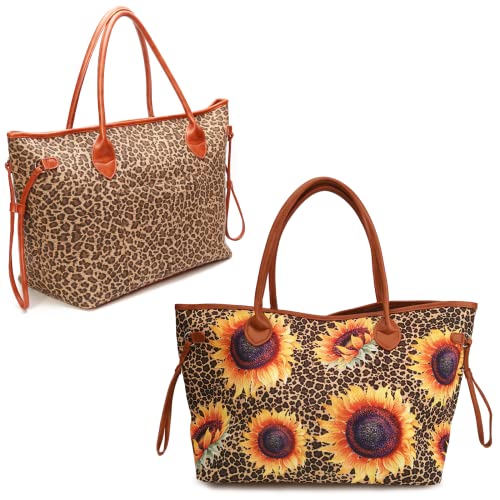 Oversized Tote Handbag Sunflower Purse with Inner Pockets Cheetah Printing Canvas Beach Bag for Women (X-large, leopard sunflower)