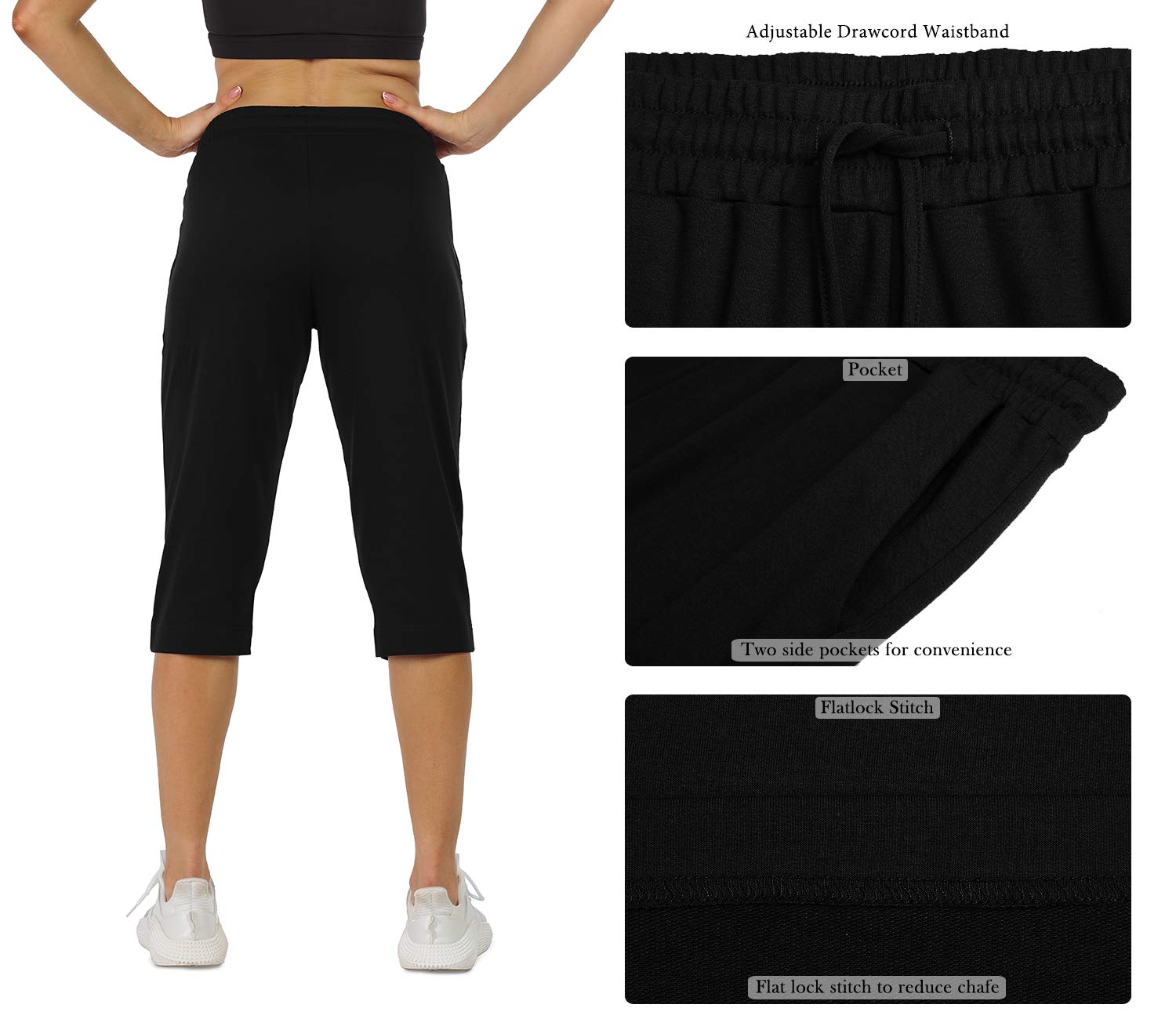 icyzone Capri Sweatpants for Women - French Terry Workout Cropped Joggers Athletic Lounge Pants with Pockets (X-Large, Black)