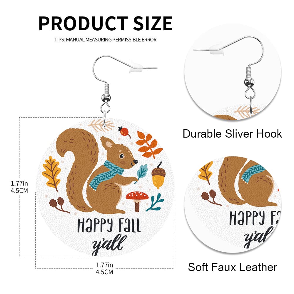 Swono Smiling Squirrel Round Faux Leather Earrings for Women Bright Falling Leaves Acorn Mushroom Pine Cones Autumn Lightweight Double-Side Printed Drop Dangle Earring for Birthday Party Gift
