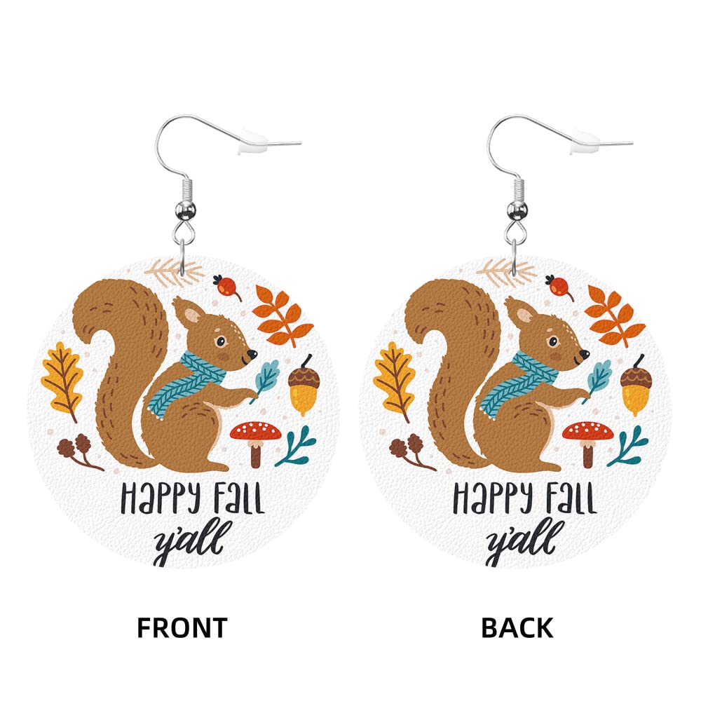 Swono Smiling Squirrel Round Faux Leather Earrings for Women Bright Falling Leaves Acorn Mushroom Pine Cones Autumn Lightweight Double-Side Printed Drop Dangle Earring for Birthday Party Gift