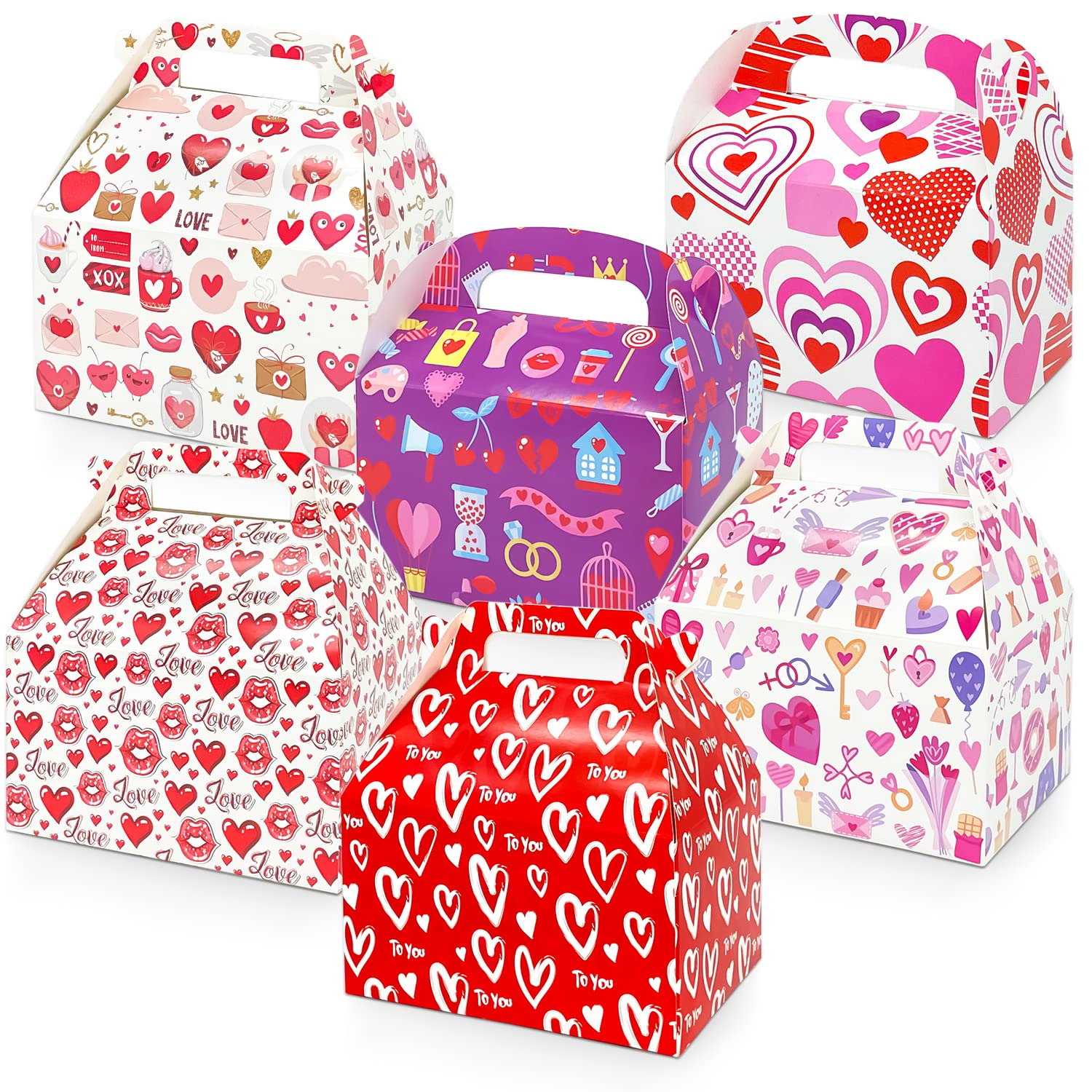 Aviski 12Pcs Valentine's Day Treat Boxes Small Goodie Present Boxes Recycled Party Favor Boxes Heart Printed Cardboard Box for Candy, Cookies and Party Favors, 6 Patterns