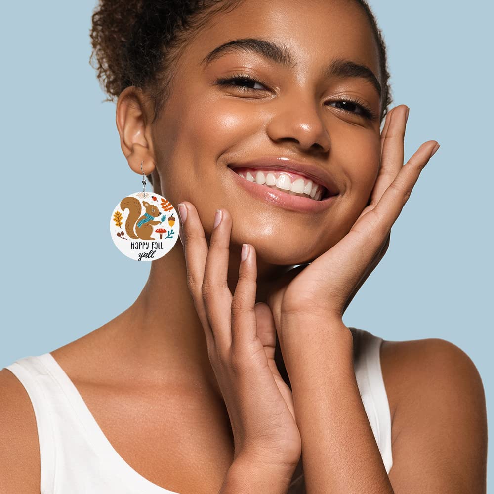 Swono Smiling Squirrel Round Faux Leather Earrings for Women Bright Falling Leaves Acorn Mushroom Pine Cones Autumn Lightweight Double-Side Printed Drop Dangle Earring for Birthday Party Gift