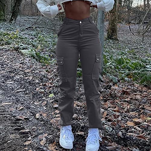HCNTES Cargo Pants Women High Waisted Wide Leg Y2k Straight Pant for Women with Pockets Casual Parachute Plus Size Trousers Grey