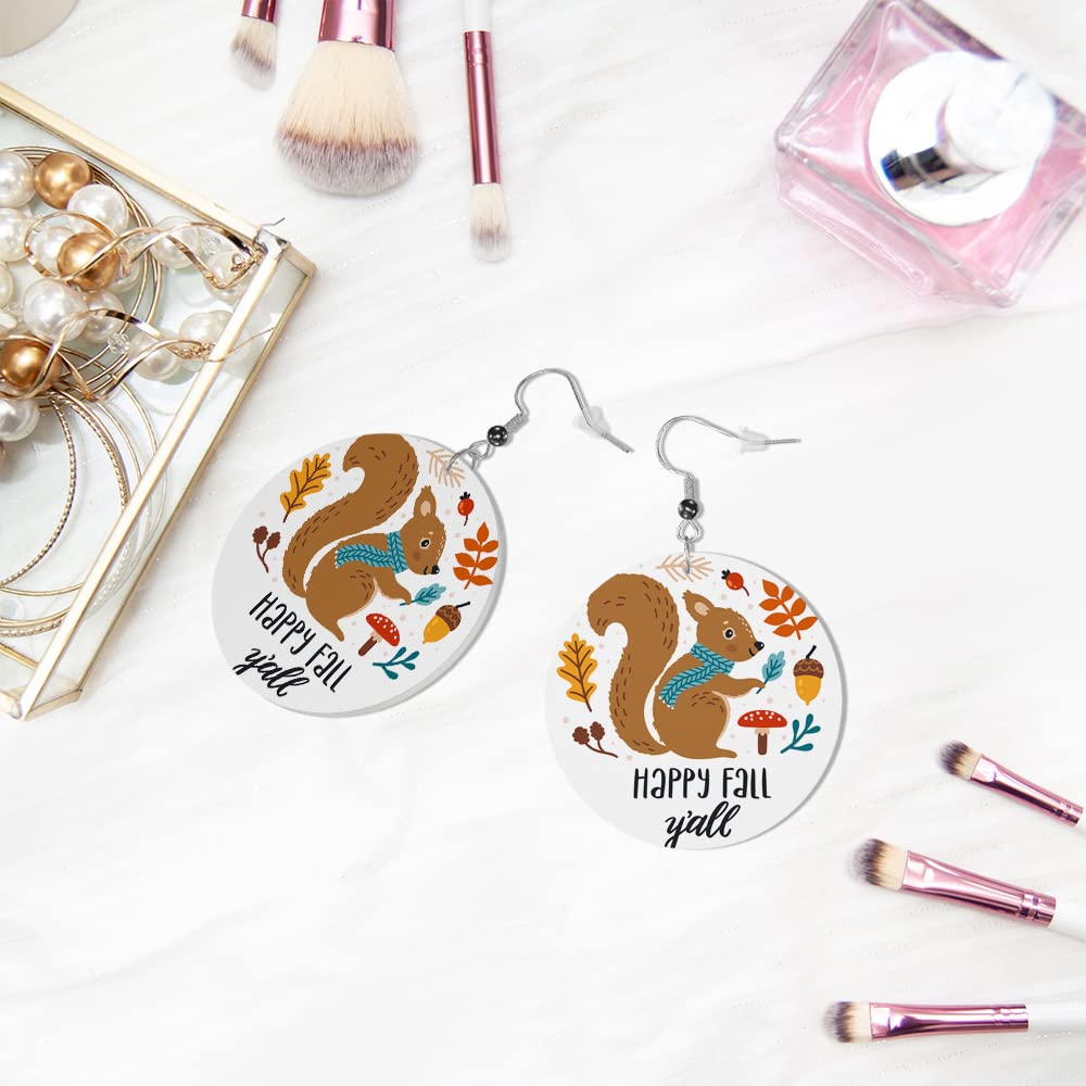 Swono Smiling Squirrel Round Faux Leather Earrings for Women Bright Falling Leaves Acorn Mushroom Pine Cones Autumn Lightweight Double-Side Printed Drop Dangle Earring for Birthday Party Gift