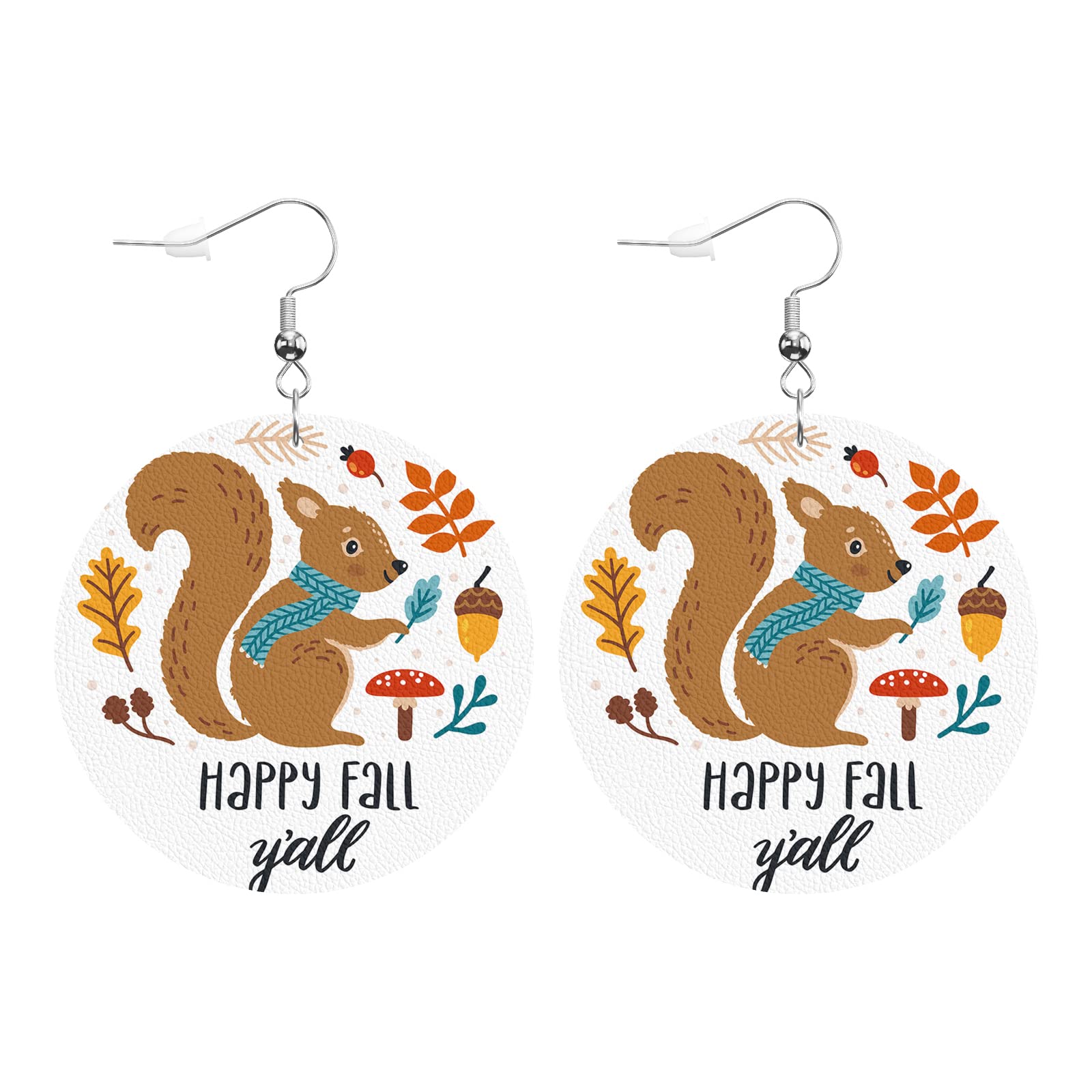 Swono Smiling Squirrel Round Faux Leather Earrings for Women Bright Falling Leaves Acorn Mushroom Pine Cones Autumn Lightweight Double-Side Printed Drop Dangle Earring for Birthday Party Gift