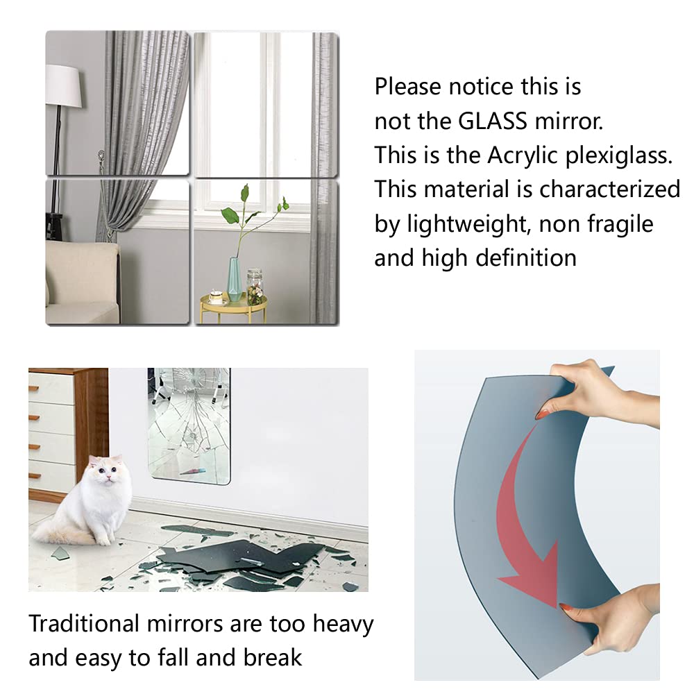 Full Body Wall Mirrors Tiles Stickers, 4pcs 12"x12" Acrylic Plexiglass Mirror Wall-Mounted Full Length Frameless Hanging Door Large Long Mirror Workout Gym Mirror for Walls Dorm Tile Self Adhesive