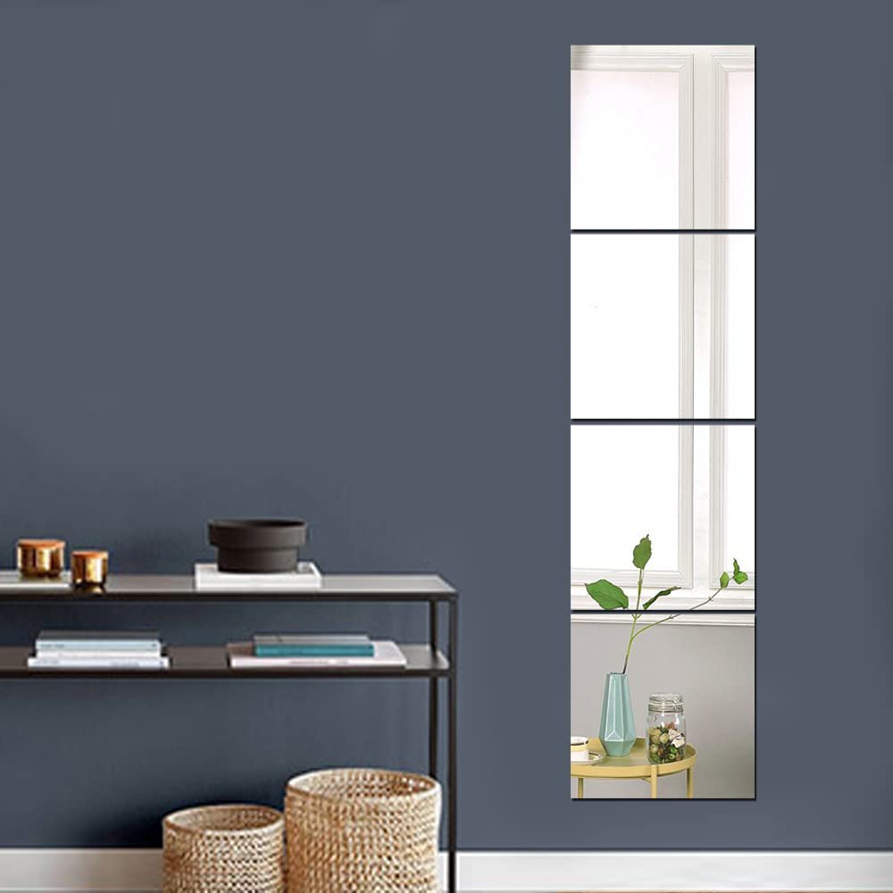 Full Body Wall Mirrors Tiles Stickers, 4pcs 12"x12" Acrylic Plexiglass Mirror Wall-Mounted Full Length Frameless Hanging Door Large Long Mirror Workout Gym Mirror for Walls Dorm Tile Self Adhesive