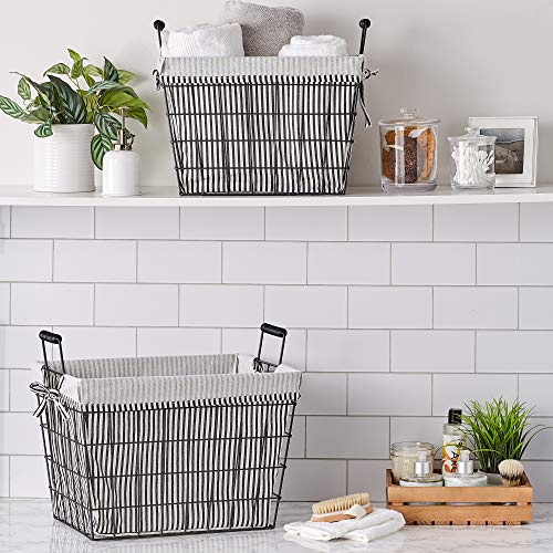 DII Metal Farmhouse Lined Basket, Contemporary Storage Container, Ticking Stripe, Assorted