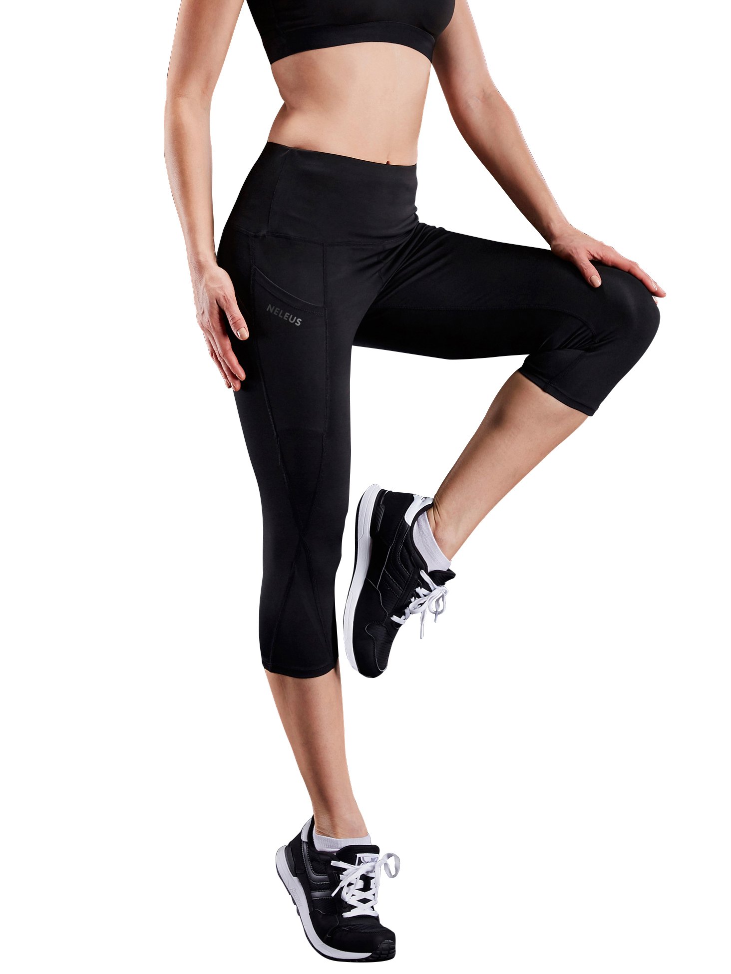 NELEUS 2 Pack Tummy Control High Waist Workout Yoga Capri Leggings Yoga Pants,9027,Black,US L,EU XL