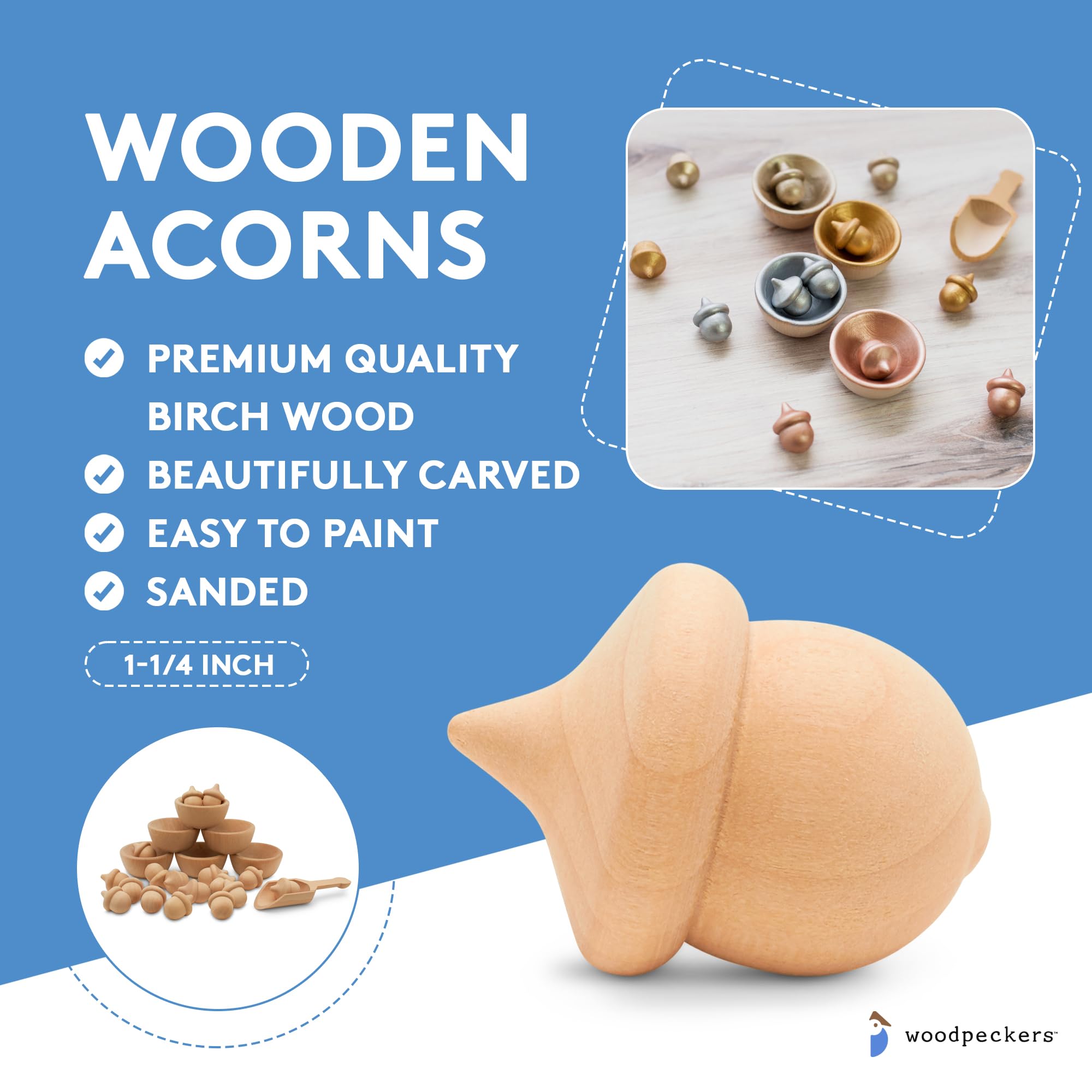 Wooden Acorns 1-1/4 Inch, Bag of 50 Natural Wood Counting & Sorting Decor Crafts Kit DIY by Woodpeckers