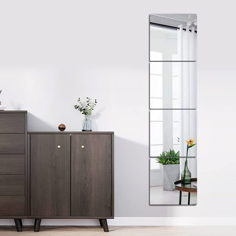 Full Body Wall Mirrors Tiles Stickers, 4pcs 12"x12" Acrylic Plexiglass Mirror Wall-Mounted Full Length Frameless Hanging Door Large Long Mirror Workout Gym Mirror for Walls Dorm Tile Self Adhesive