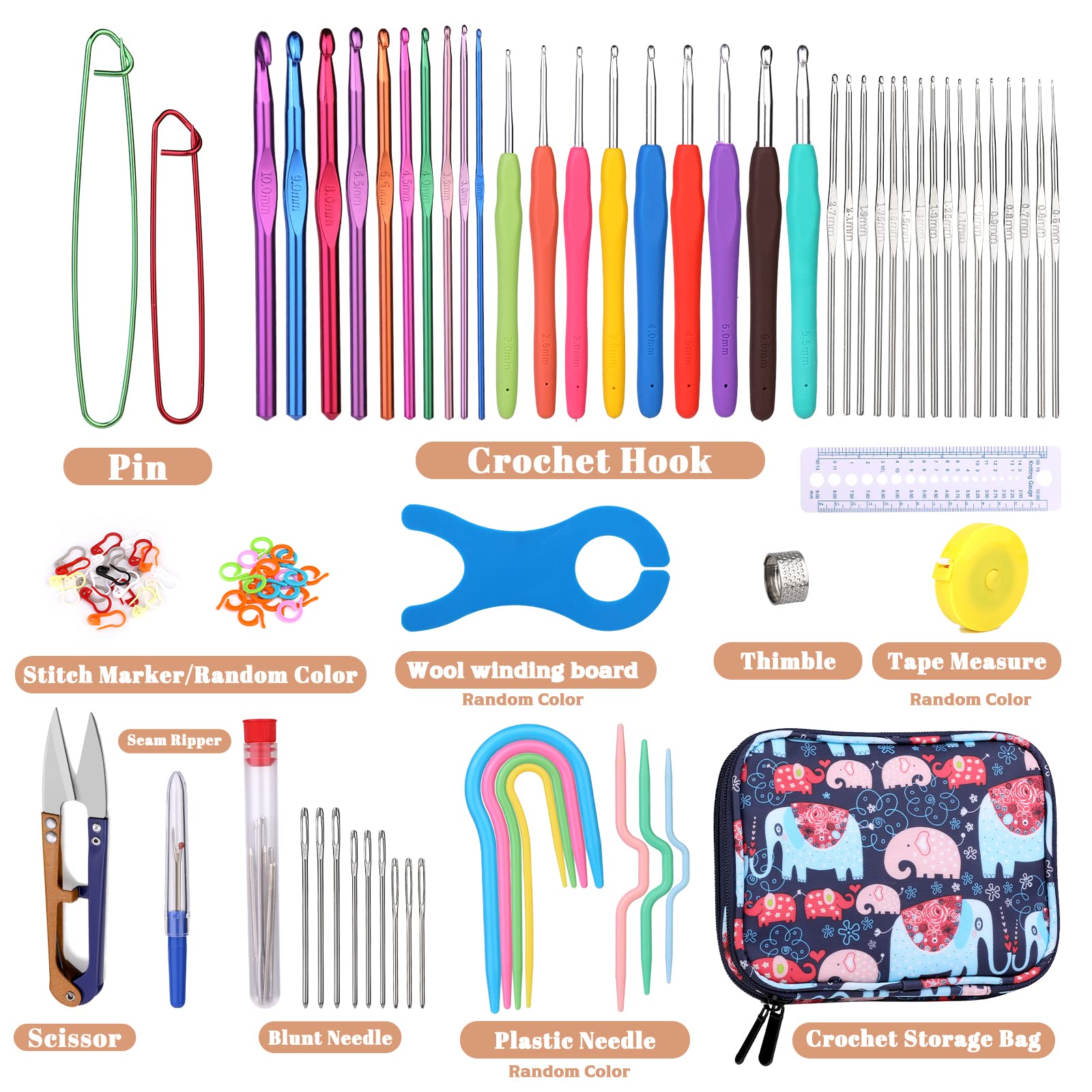 DUKOIPP 103PCS Crochet Hook Kit, Knitting Supplies Crochet Hook Kit with Storage Bag, Ergonomic Soft Grip Knitting Yarn Knitting Needle Kit for Beginners and Experienced Crocheters
