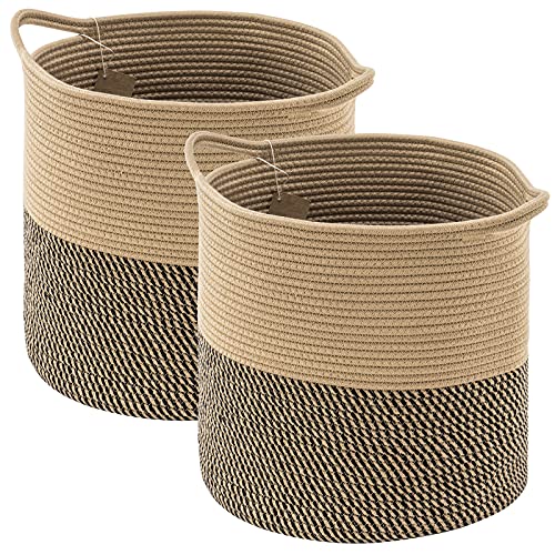 YOUDENOVA Cotton Rope Cube Storage Baskets, 13x13 Round Woven Baskets for Storage with Handles 2 Pack, Modern Decorative Storage Bins Décor Baskets for 13 inch Cube Storage Shelves, Black & Jute
