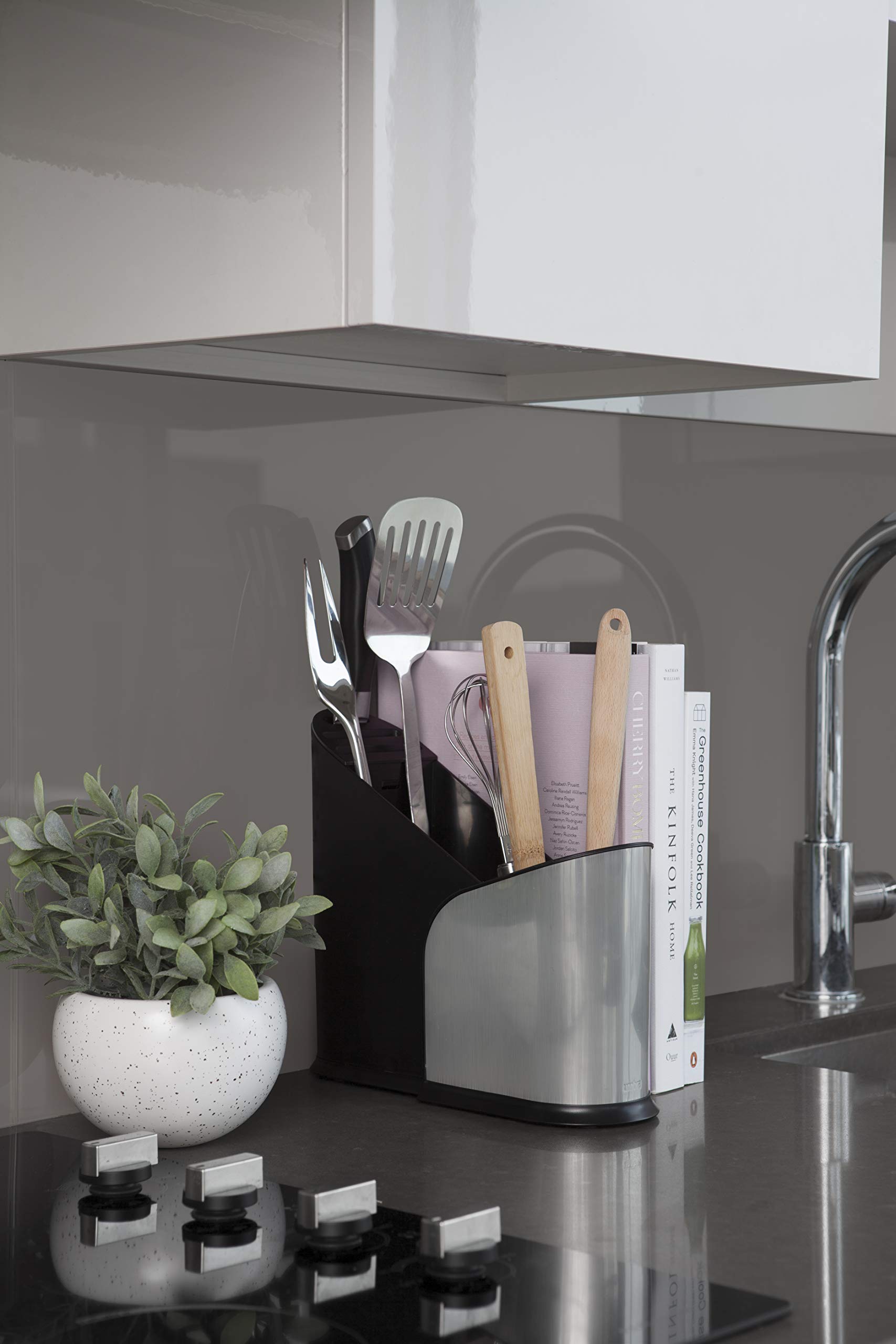 Umbra Furlo, Expandable Kitchen Utensil Holder, Multi-Functional Caddy Organizer with Divider and Extra Storage, Ideal for Keeping Knives and other Utensils Instantly Accessible, Black/Stainless Steel