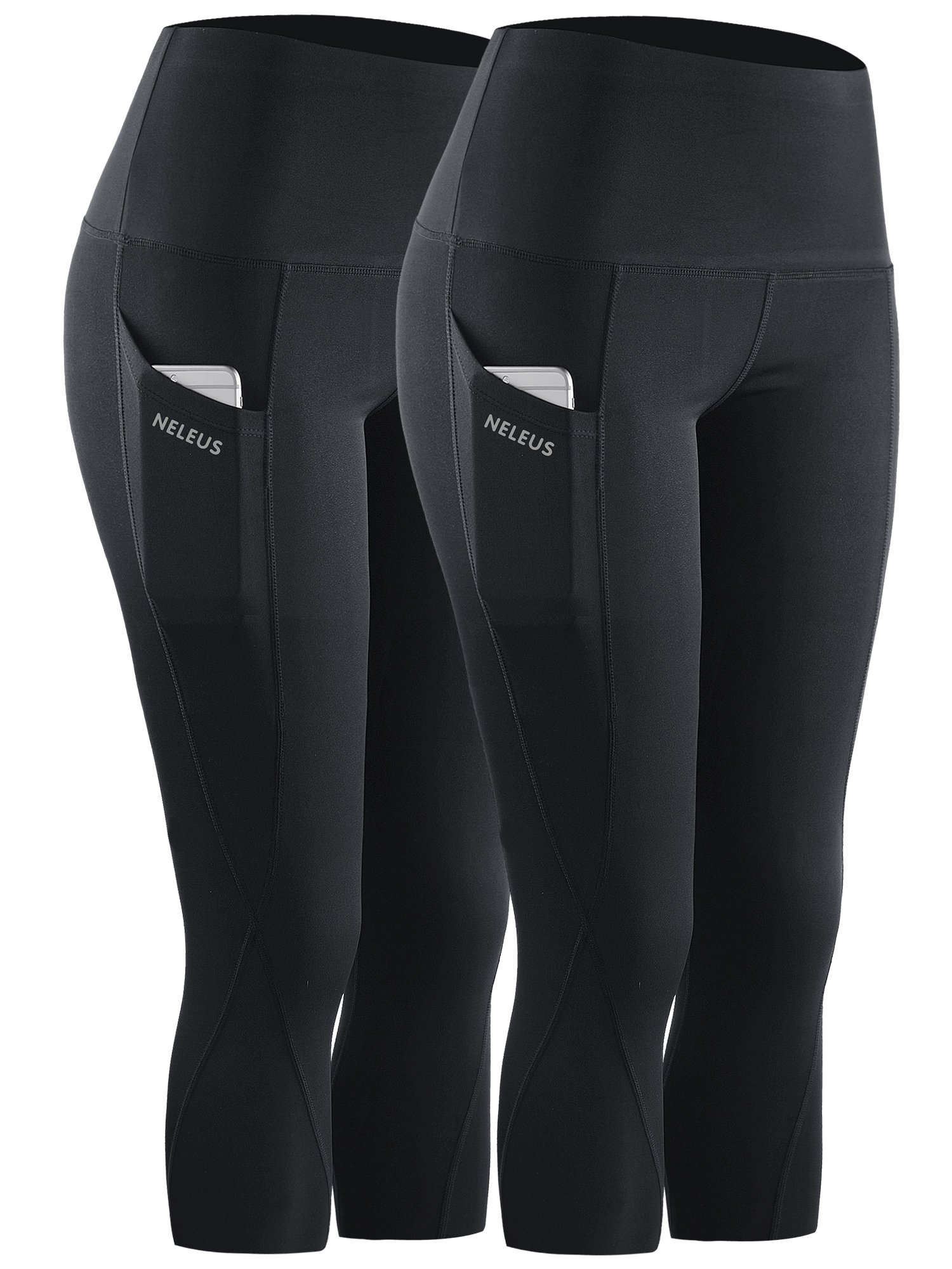 NELEUS 2 Pack Tummy Control High Waist Workout Yoga Capri Leggings Yoga Pants,9027,Black,US L,EU XL