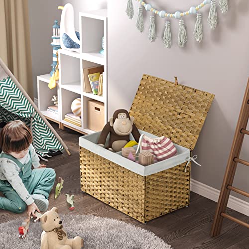 Greenstell Storage Basket with Lid, Handwoven Large Shelf Basket with Cotton Liner and Metal Frame, Foldable & Easy to Install, Storage Box Basket Bin with Handle for Bedroom, Laundry Room 65L (Natural, 22.2x13.4x13.4 inch)