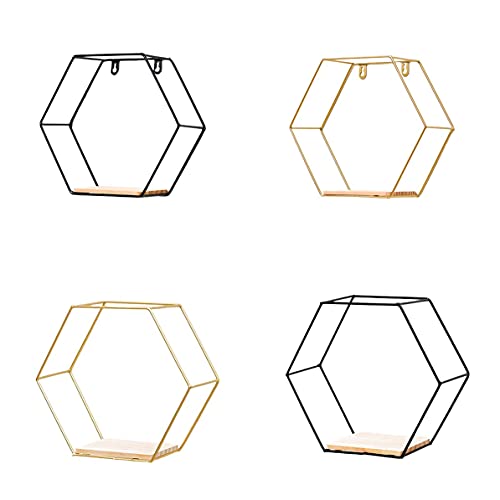Rendeyuan Hexagonal Iron Stand Small Pot Wall Shelving Holder Home Shelf Storage Holder Decorative Shelves Floating Shelves - Gold - 24x9.5x20.5cm
