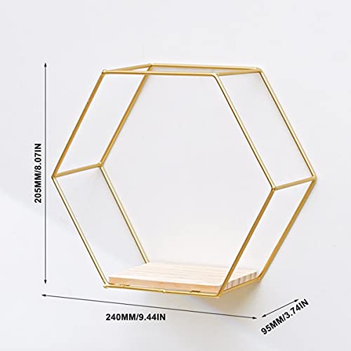Rendeyuan Hexagonal Iron Stand Small Pot Wall Shelving Holder Home Shelf Storage Holder Decorative Shelves Floating Shelves - Gold - 24x9.5x20.5cm