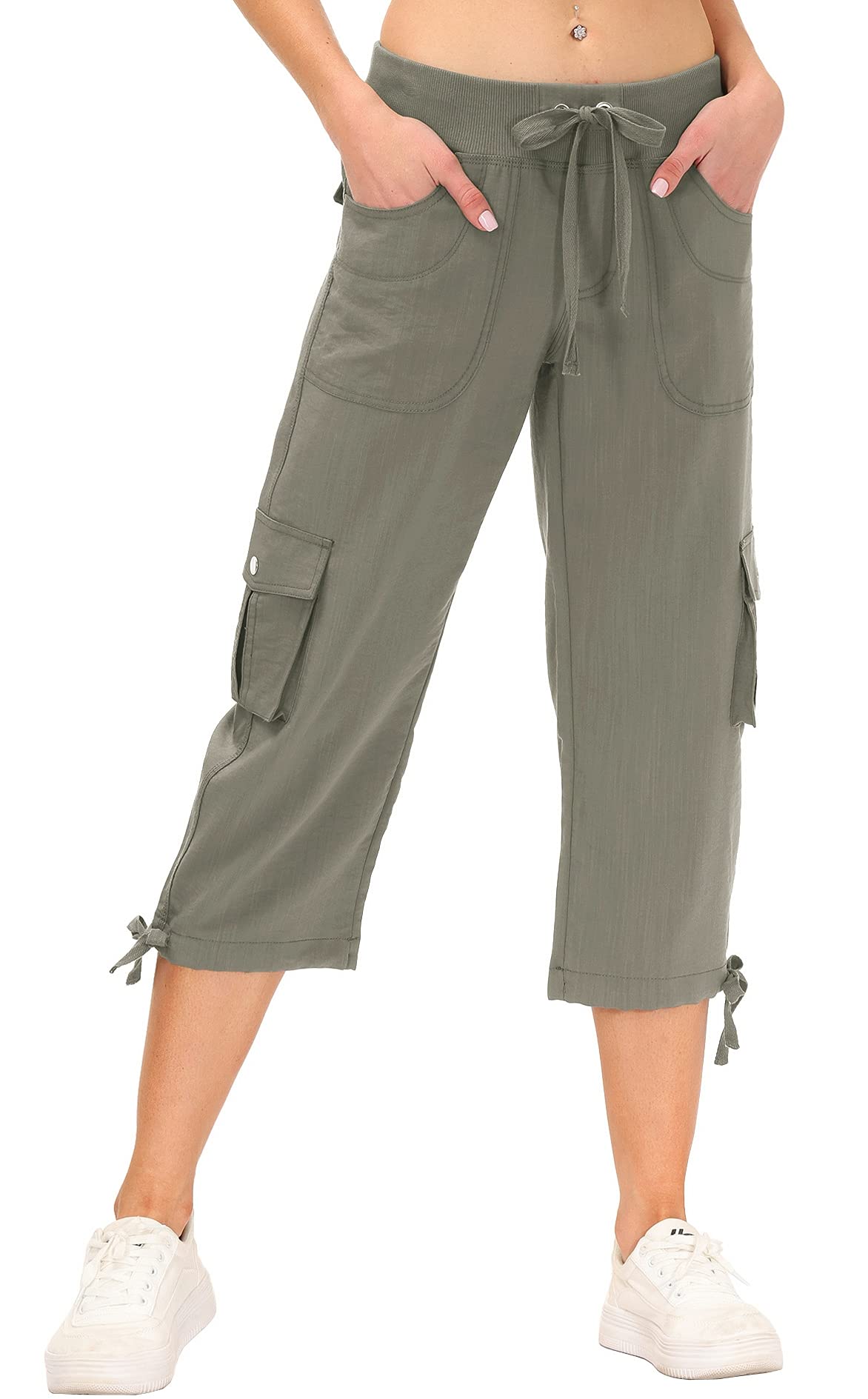 MoFiz Women's Cargo Hiking Pants Lightweight Quick Dry Running Capri Pants Athletic Workout Casual Outdoor Button Pockets Grey Khaki M