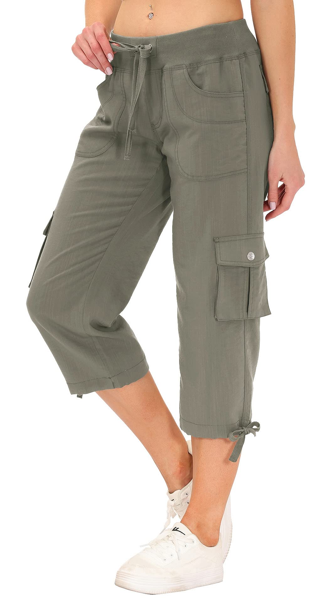 MoFiz Women's Cargo Hiking Pants Lightweight Quick Dry Running Capri Pants Athletic Workout Casual Outdoor Button Pockets Grey Khaki M