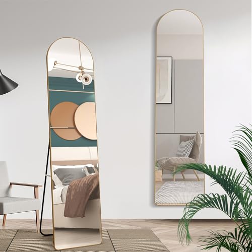 BOSTANA 59.9"x16.5"Arched Full Length Mirror,Aluminum Alloy Metal Frame Arched Wall Mirror,Wall Mirror Hanging or Leaning Standing Body Mirror with Stand for Bathroom,Cloakroom,Golden