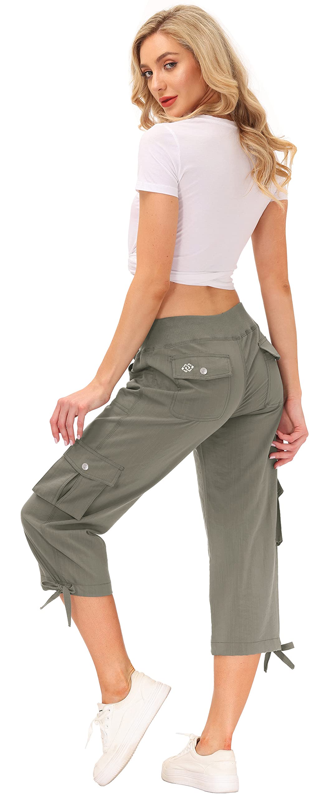 MoFiz Women's Cargo Hiking Pants Lightweight Quick Dry Running Capri Pants Athletic Workout Casual Outdoor Button Pockets Grey Khaki M