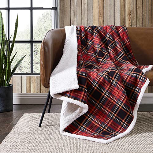 Eddie Bauer - Throw Blanket, Cotton Flannel Home Decor, All Season Reversible Sherpa Bedding (Mountain Tartan Red, Throw)