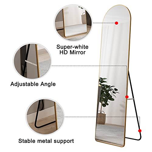 BOSTANA 59.9"x16.5"Arched Full Length Mirror,Aluminum Alloy Metal Frame Arched Wall Mirror,Wall Mirror Hanging or Leaning Standing Body Mirror with Stand for Bathroom,Cloakroom,Golden