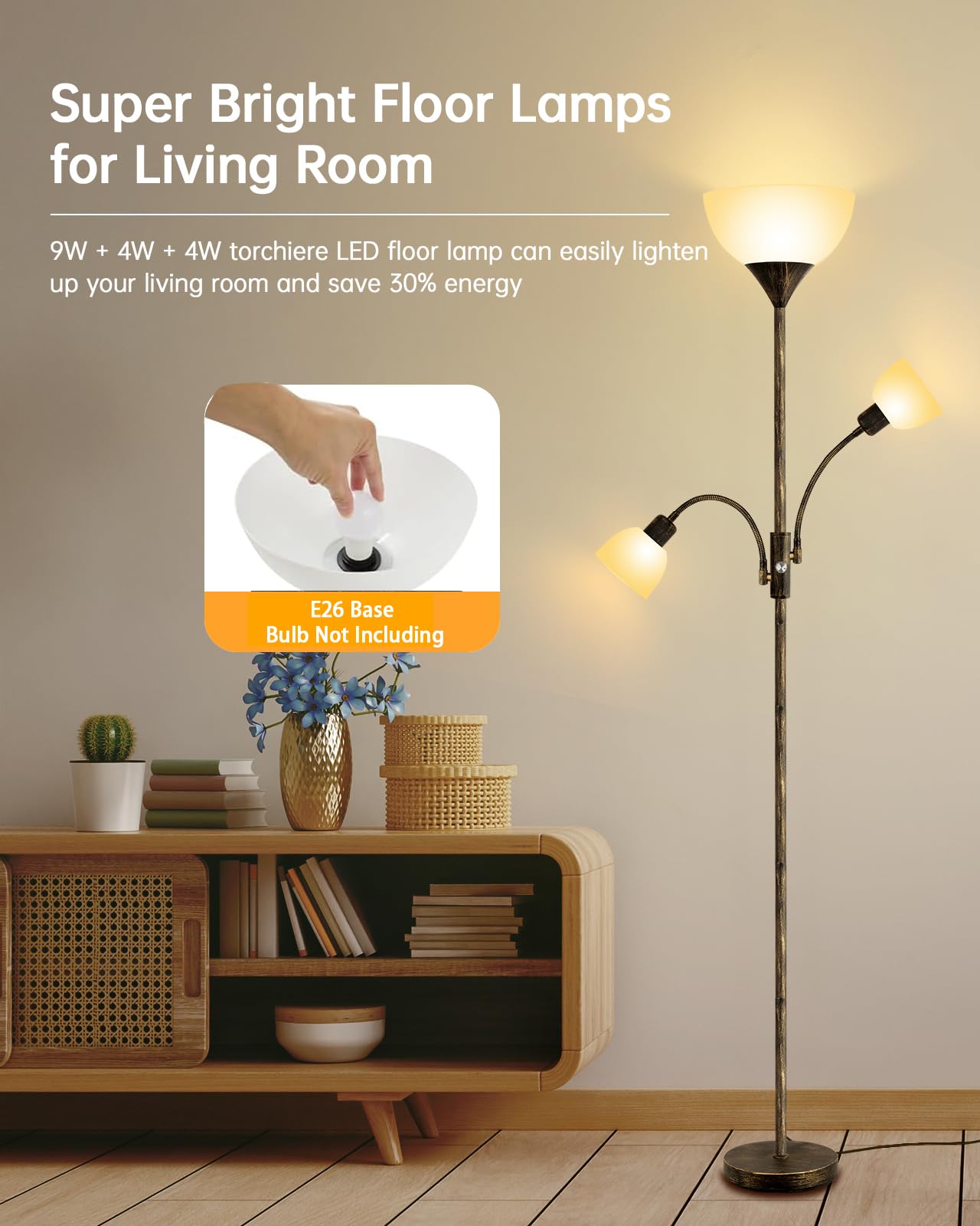 BoostArea Industrial Floor Lamp,Standing Lamp,Tree Floor Lamp with 3 Adjustable Rotating Lights, Independent Control, 3PCs LED Bulb Included, Tall Pole Lamps for Living Room, Bedroom, Home, Office