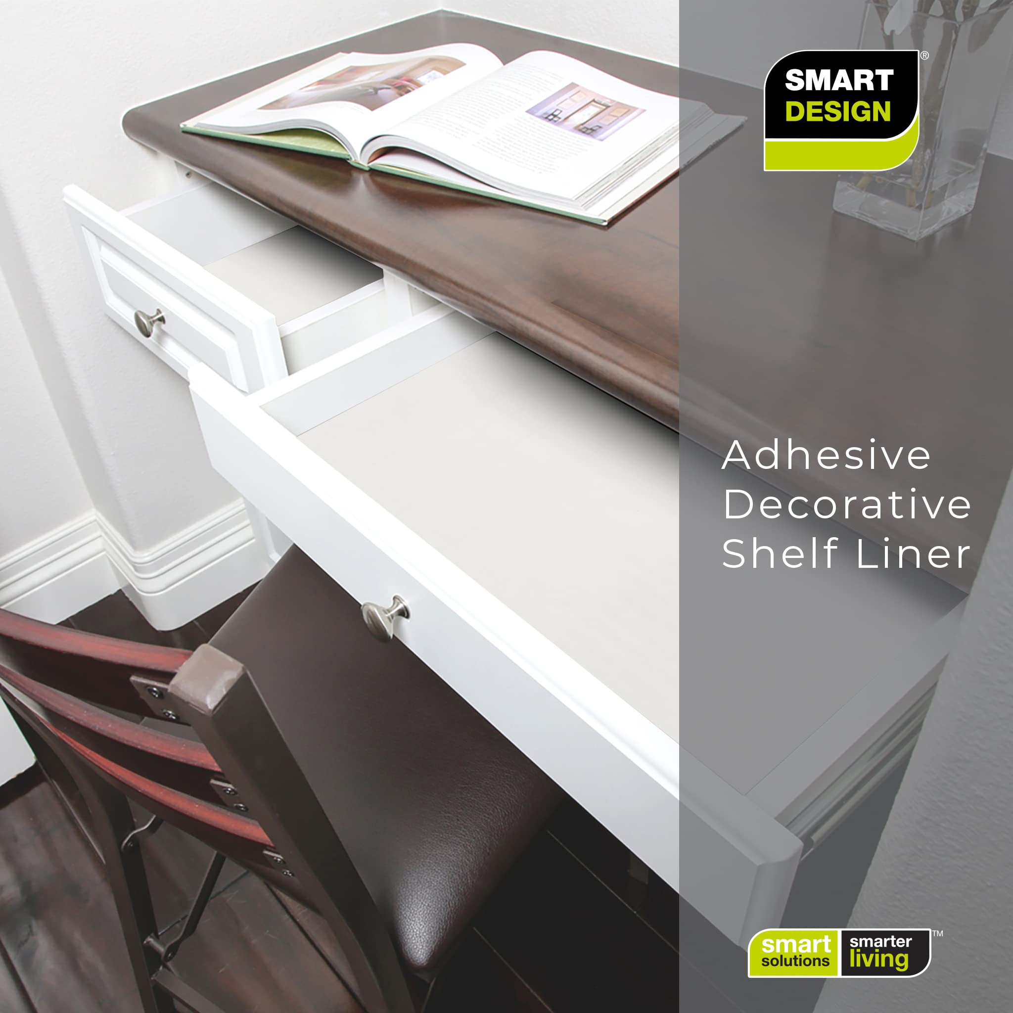 Smart Design Adhesive Shelf Liner - 18 in x 20 ft Roll - Easy Cut, Peel, and Self Stick Decorative Vinyl Film - Cabinet, Drawer, Countertop, Table, Dresser Contact Cover, Paper - Kitchen - White