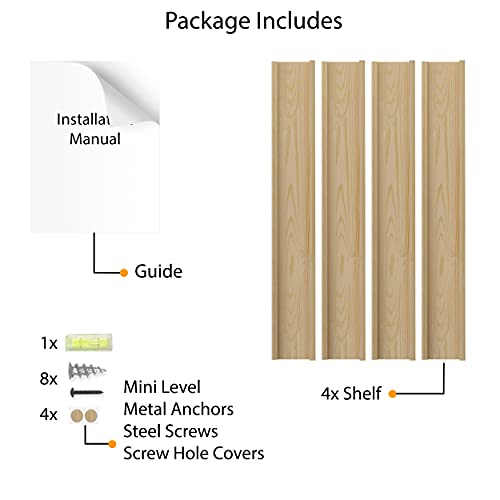 Wallniture Denver 24" Book Shelves for Kids Room Decor and Nursery, Wood Floating Shelves for Wall, Natural Pine, Set of 4