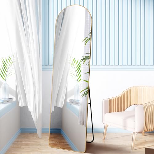 BOSTANA 59.9"x16.5"Arched Full Length Mirror,Aluminum Alloy Metal Frame Arched Wall Mirror,Wall Mirror Hanging or Leaning Standing Body Mirror with Stand for Bathroom,Cloakroom,Golden